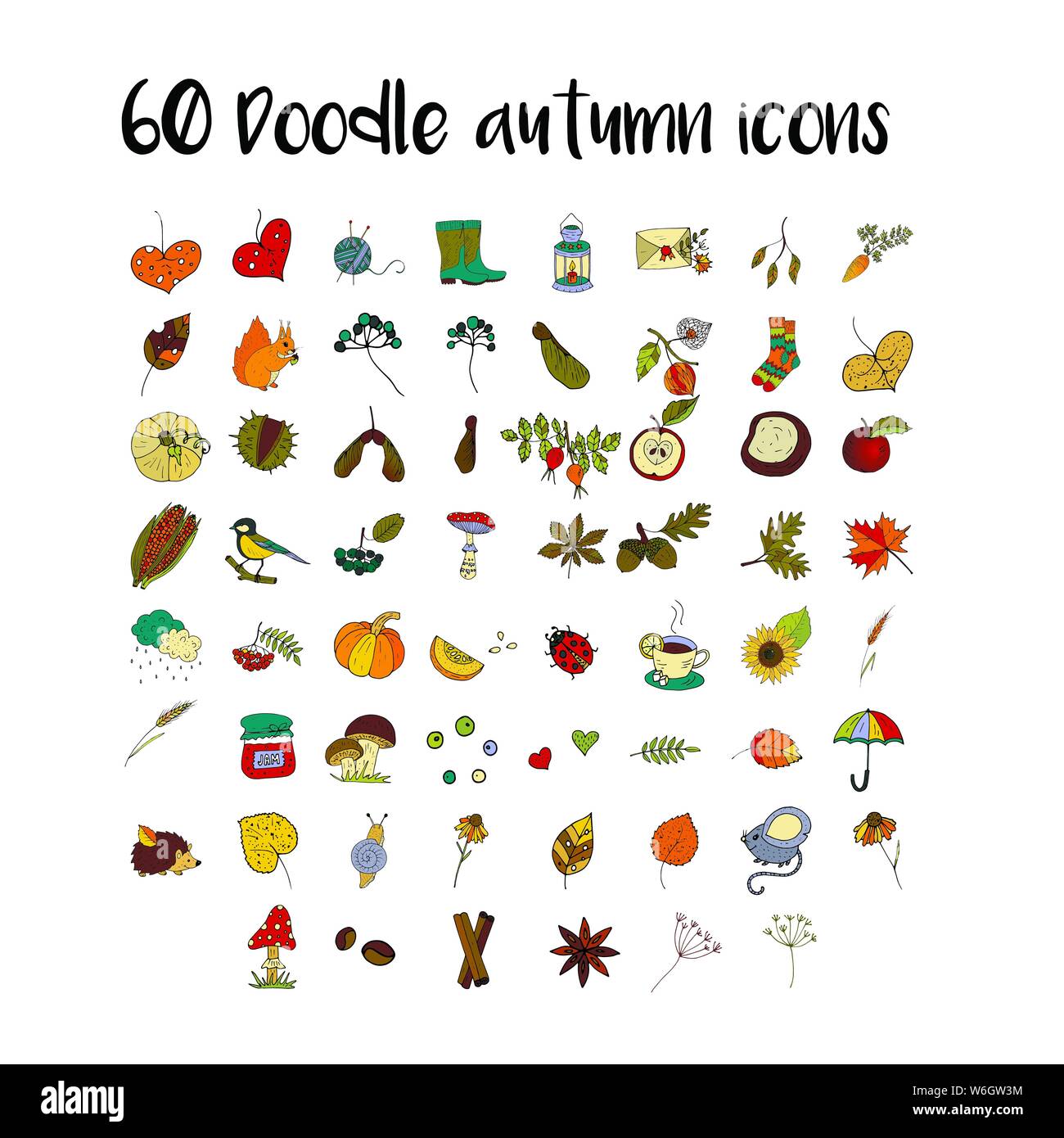 Big set of handdrawn unique autumn icons. Vector doodle illustrations ...