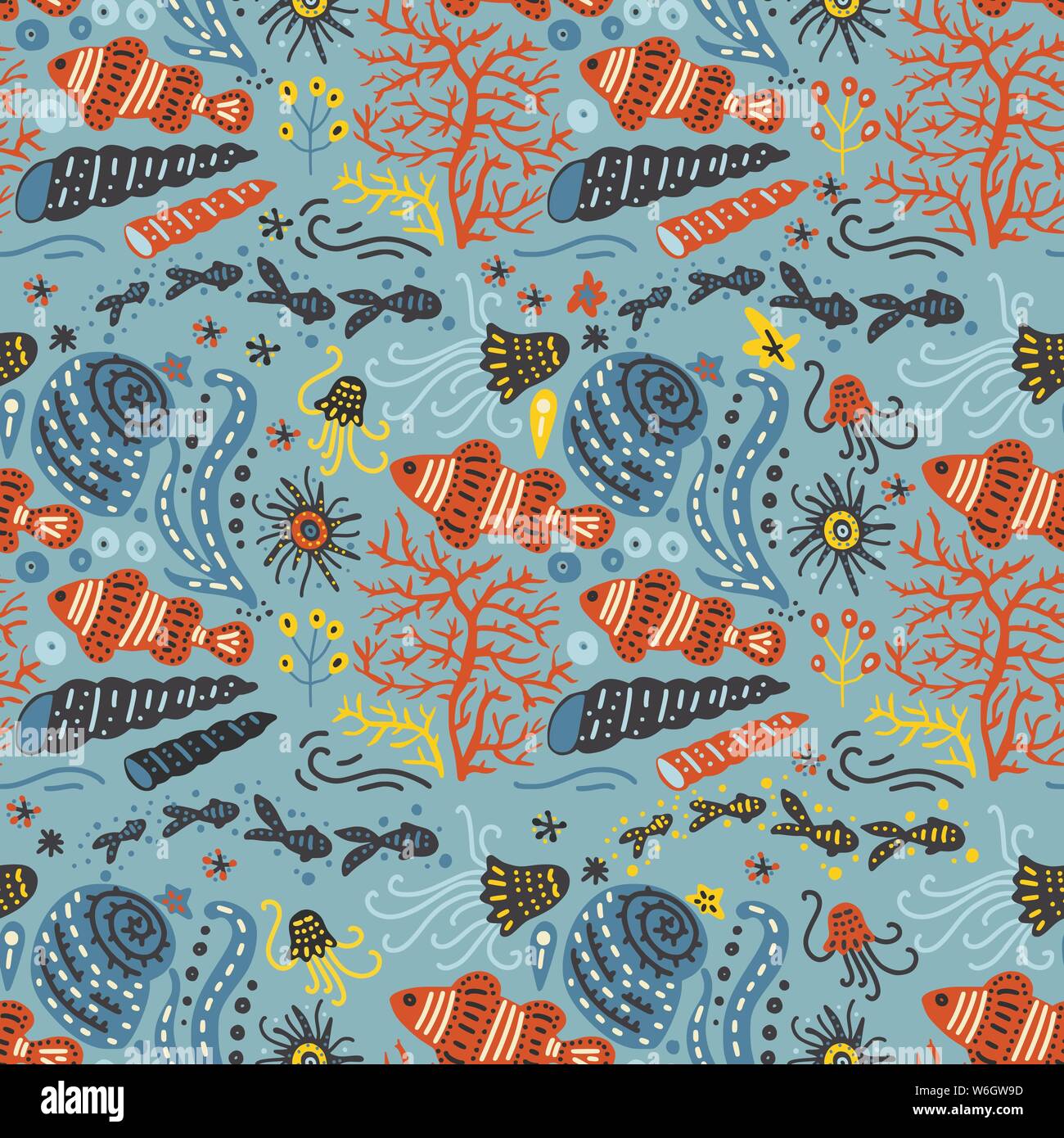 Vector handdrawn sea seamless pattern with various marine animals ...