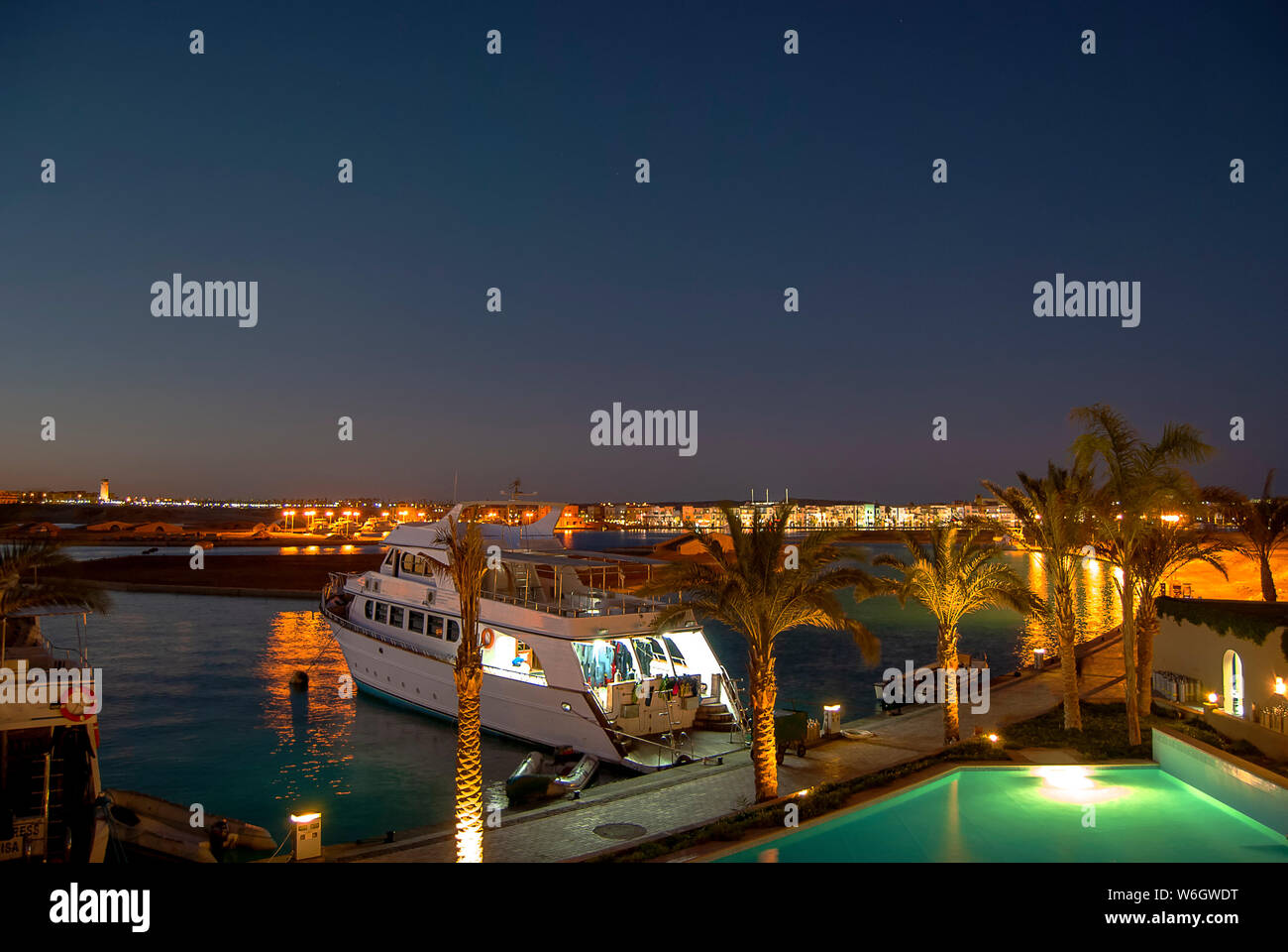 The Red Sea holiday resort of Port Ghalib in Egypt at night Stock Photo ...