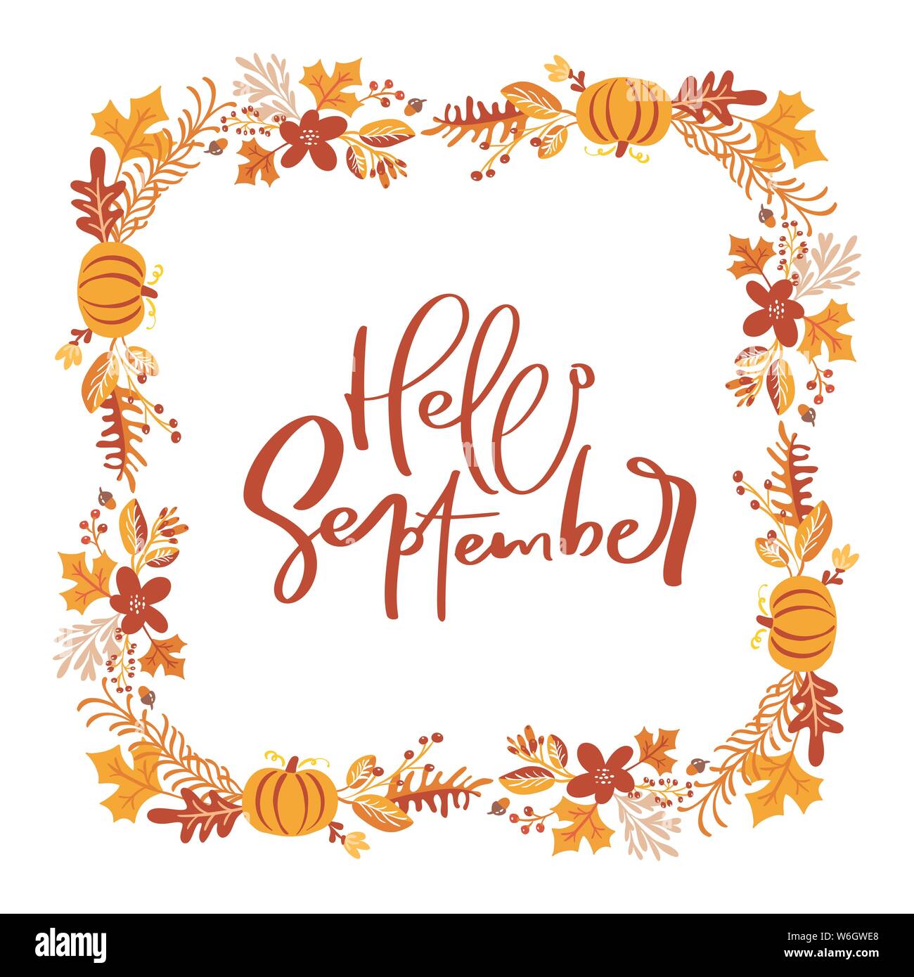 Vector frame autumn bouquet wreath. Orange leaves, berries and pumpkin ...