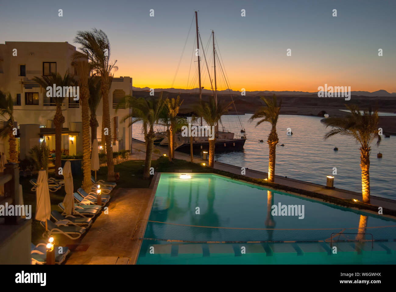 The Red Sea holiday resort of Port Ghalib in Egypt at night Stock Photo ...