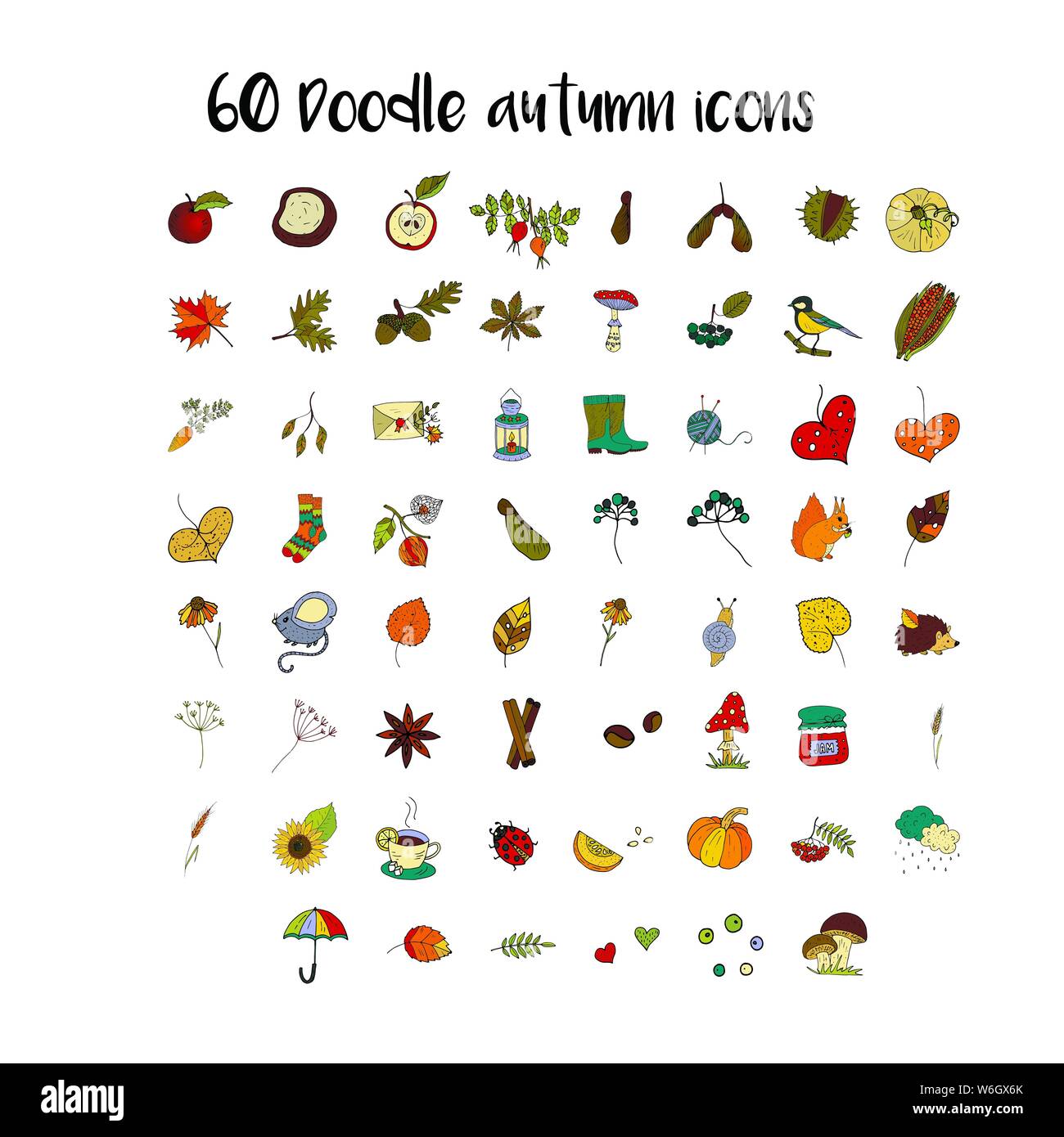 Big set of handdrawn unique autumn icons. Vector doodle illustrations ...