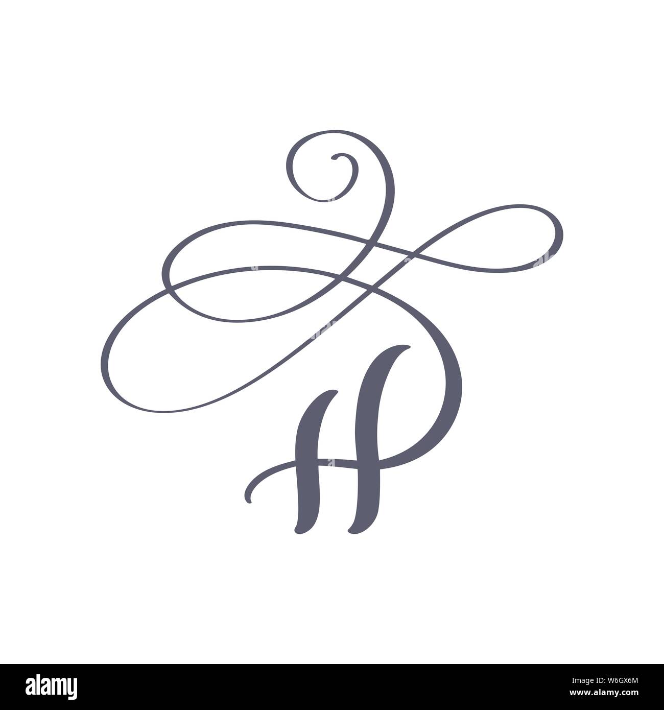 Vector Hand Drawn calligraphic floral H monogram or logo. Uppercase ...