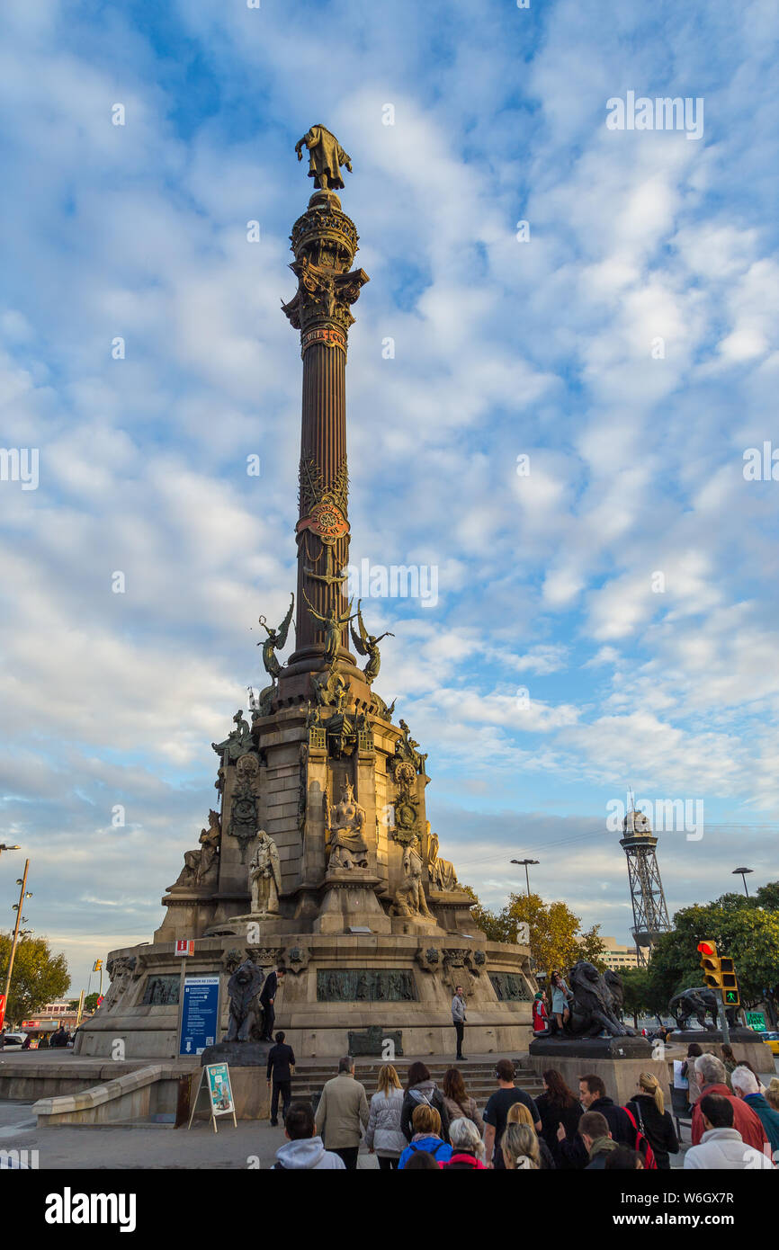 Barcelona, Spain- 10 November 2014: Columbus Monument, Monument a Colom ...