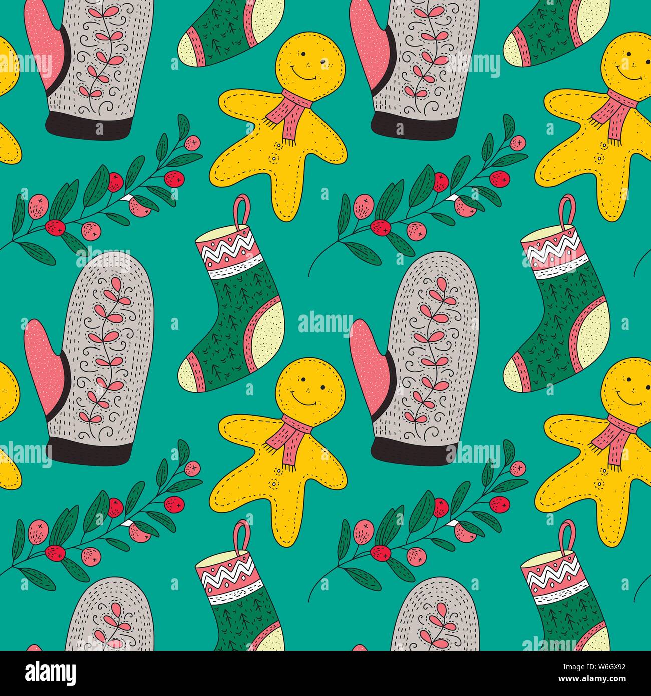 Christmas vector seamless pattern with detailed holiday illustrations ...