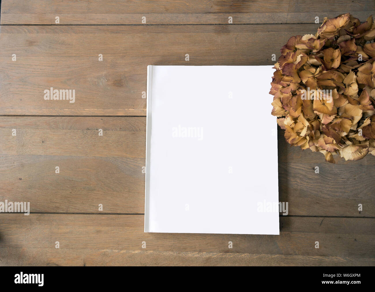 Blank magazine or brochure on wooden background texture, top view and ...