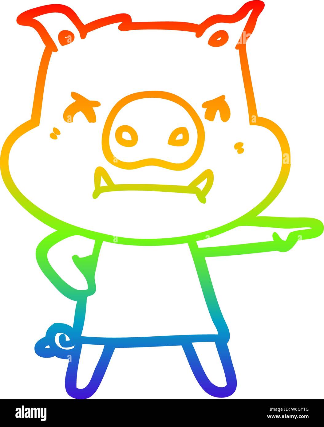 rainbow gradient line drawing of a angry cartoon pig in dress pointing ...
