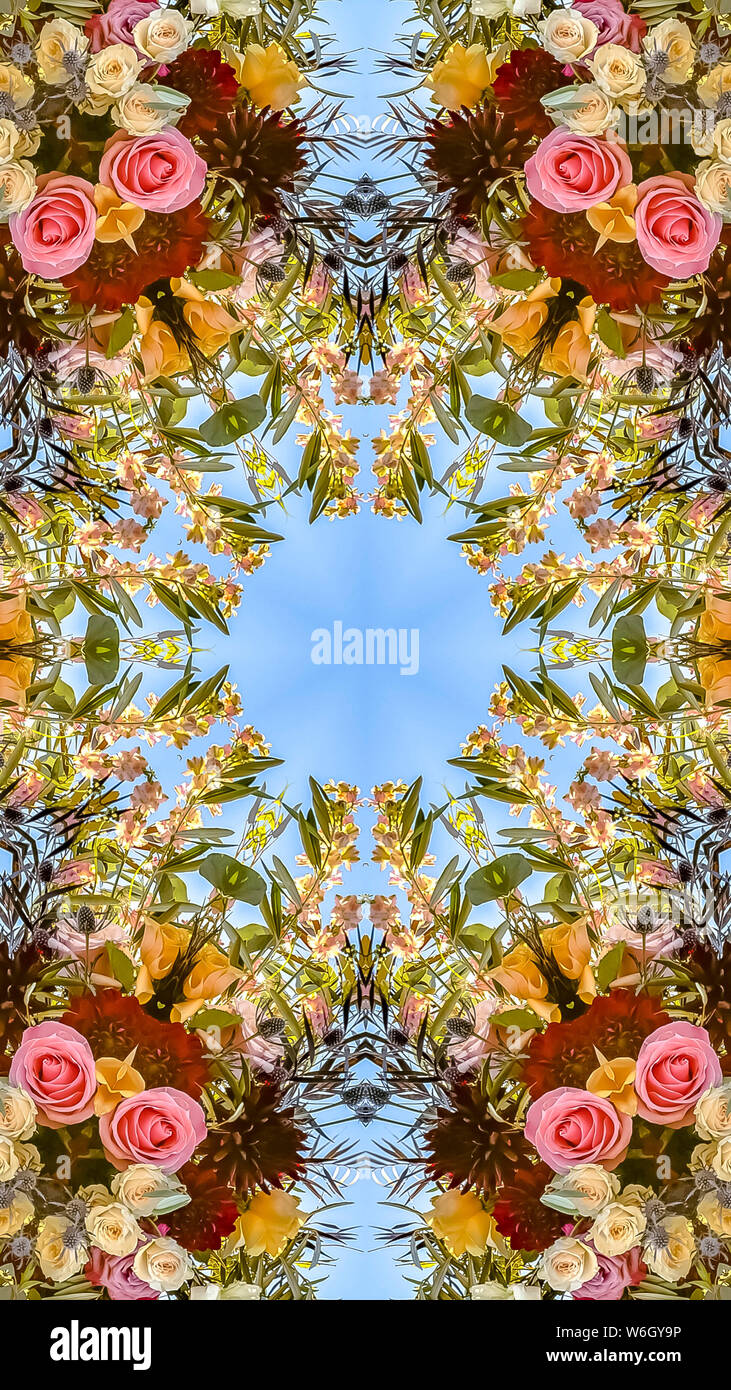 Vertical Busy floral design in a circular pattern with roses and other ...