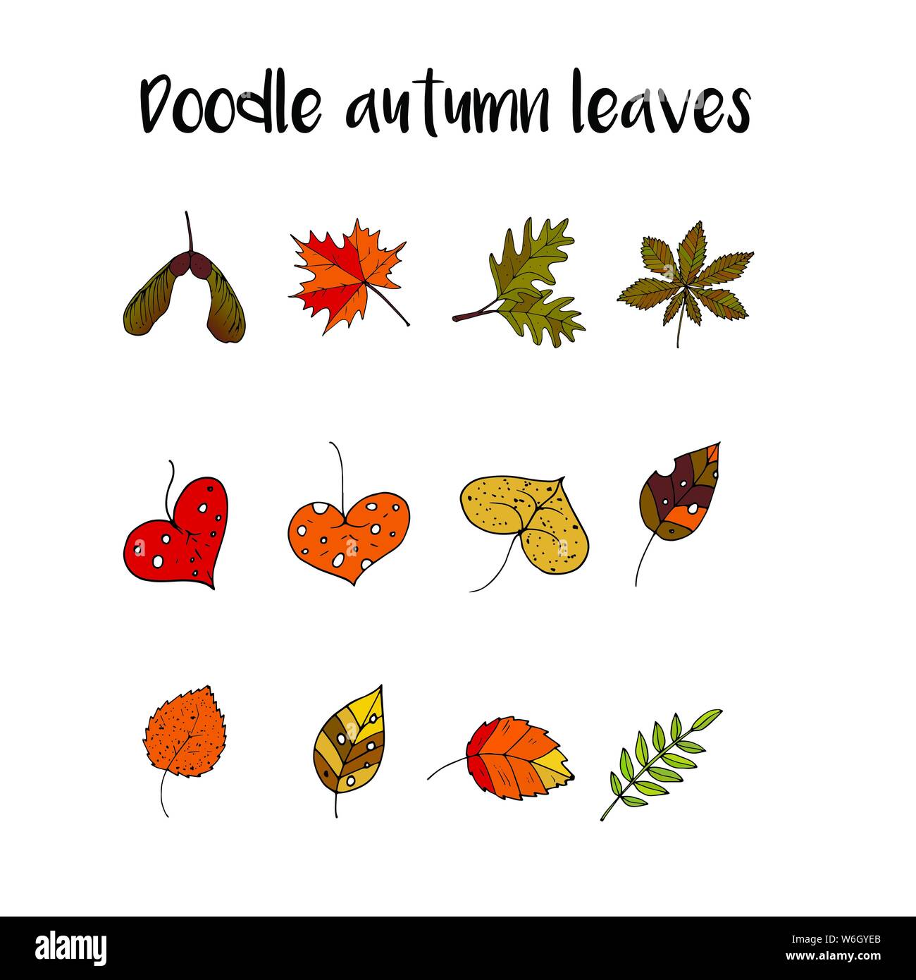 Handdrawn unique autumn leaves icons. Vector doodle illustrations ...