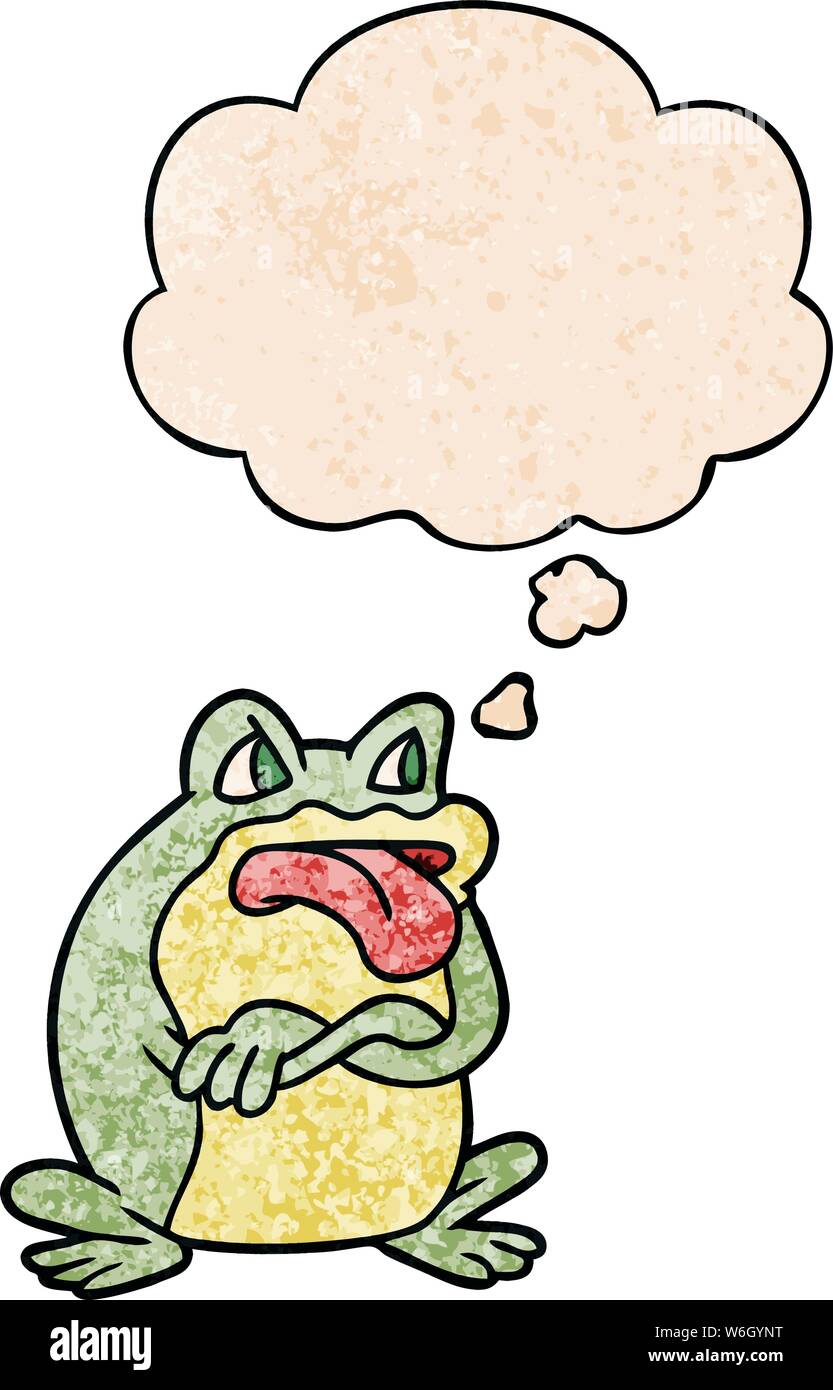grumpy cartoon frog with thought bubble in grunge texture style Stock ...