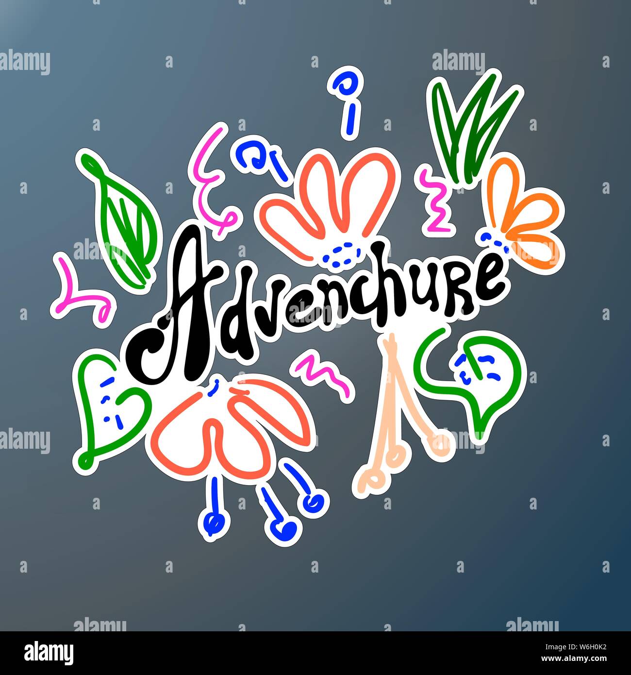 Adventure sticker in doodle style. Funny letters and flowers. Hand ...