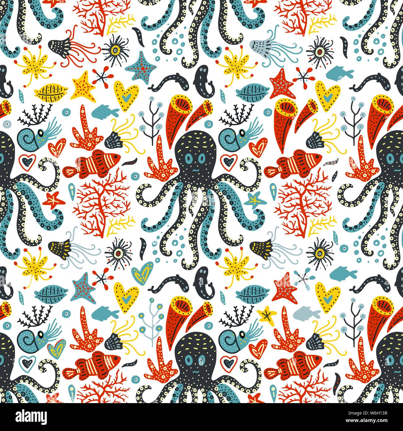 Vector handdrawn sea seamless pattern with various marine animals ...