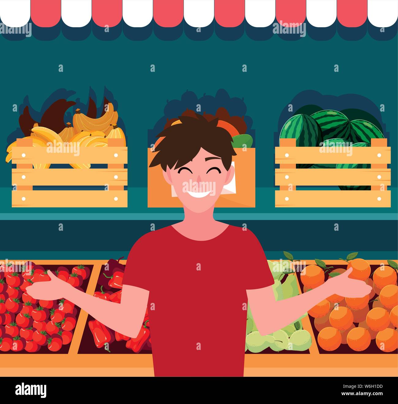 seller man farm products stand vegetables and fruits vector ...