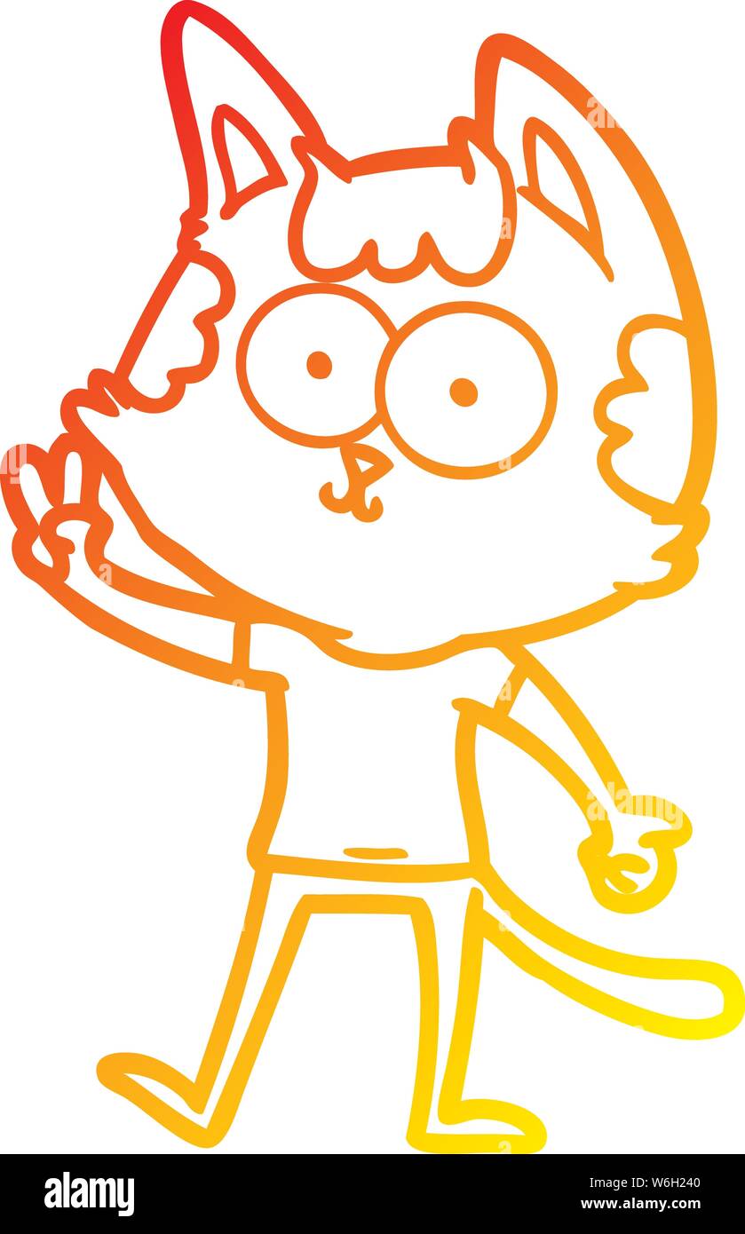 warm gradient line drawing of a happy cartoon cat giving peace sign ...