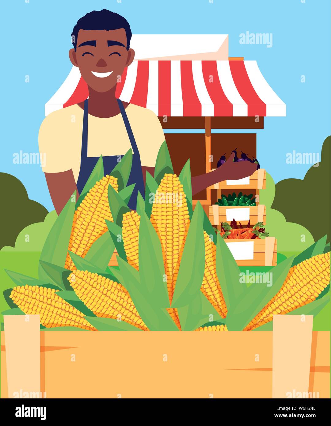 seller man farm products stand corn vector illustration Stock Vector ...