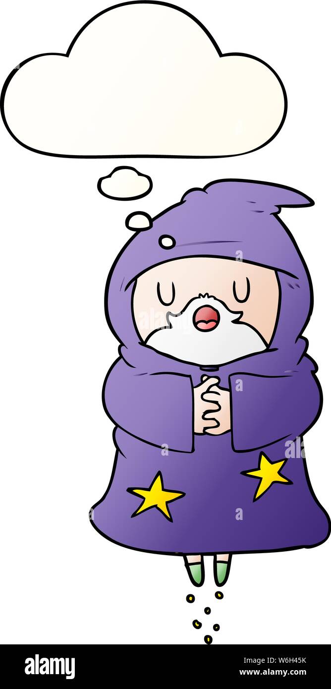 cartoon floating wizard with thought bubble in smooth gradient style ...