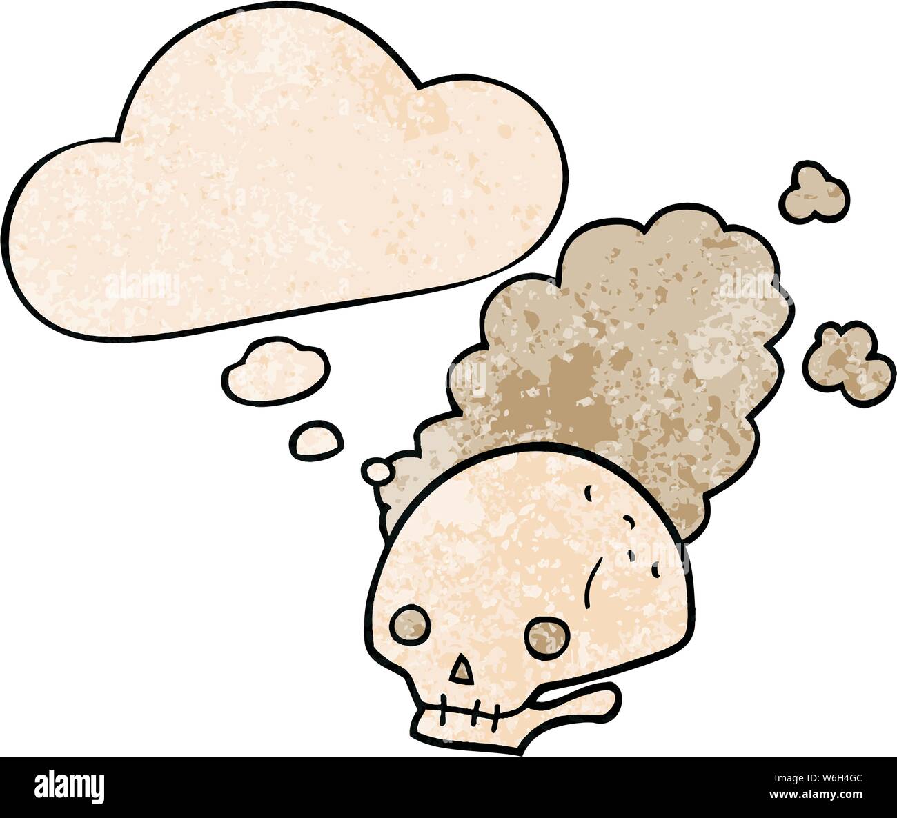 cartoon dusty old skull with thought bubble in grunge texture style ...