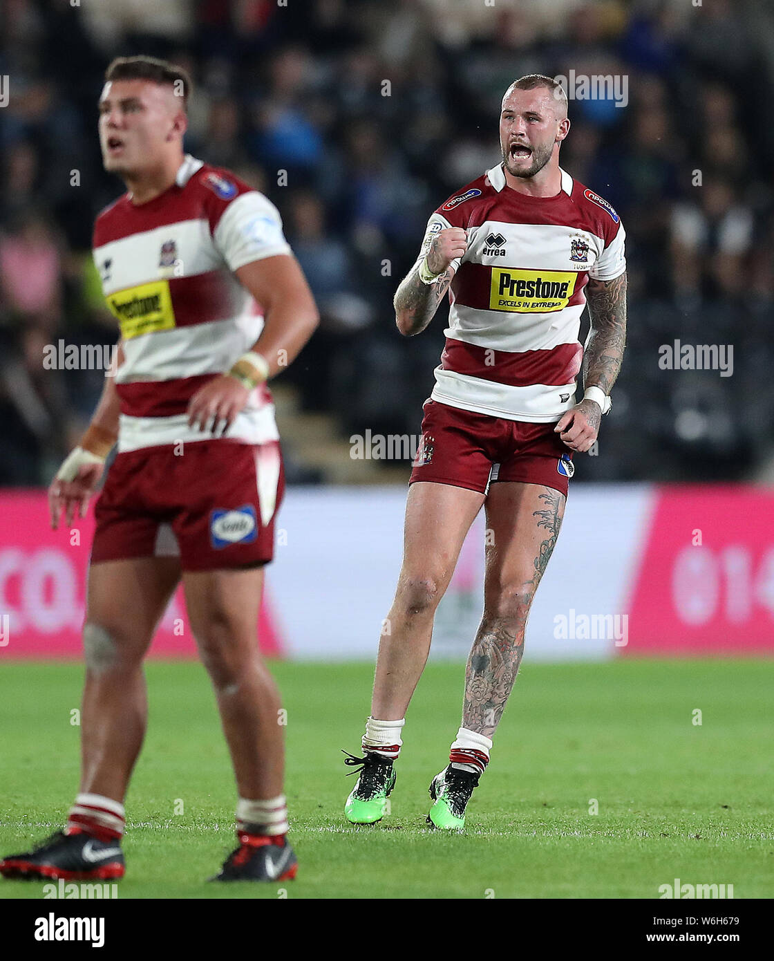 Wigan Warriors Zak Hardaker celebrates his drop goal against Hull FC ...