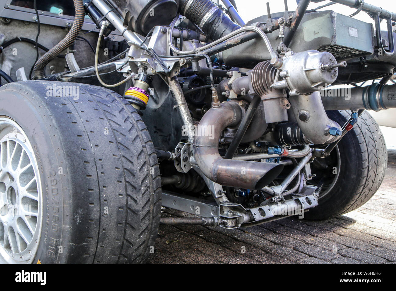 A detail of the sports car engine. It is a historic group B rallye car ...