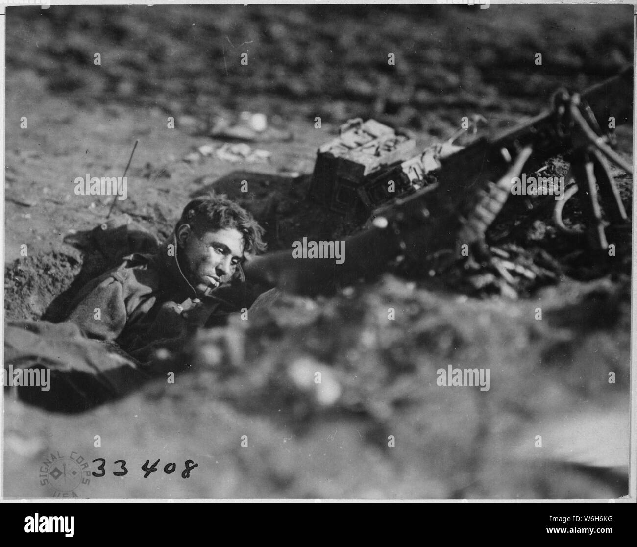 German machine-gun nest and dead gunner. Villers Devy Dun Sassey ...