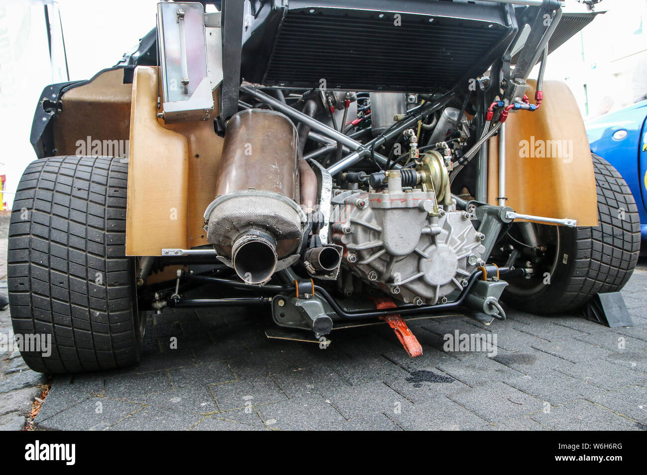 A detail of the sports car engine. It is a historic group B rallye car ...