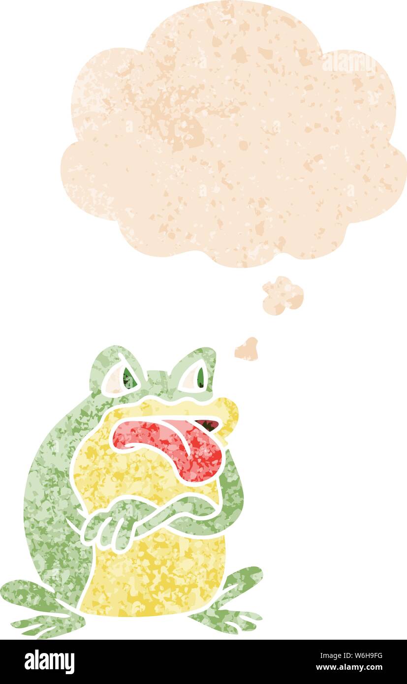 grumpy cartoon frog with thought bubble in grunge distressed retro ...