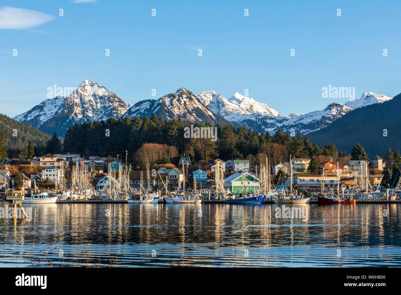 Winter view of Sitka Harbour with Gavan Hill and The Sisters mountains ...