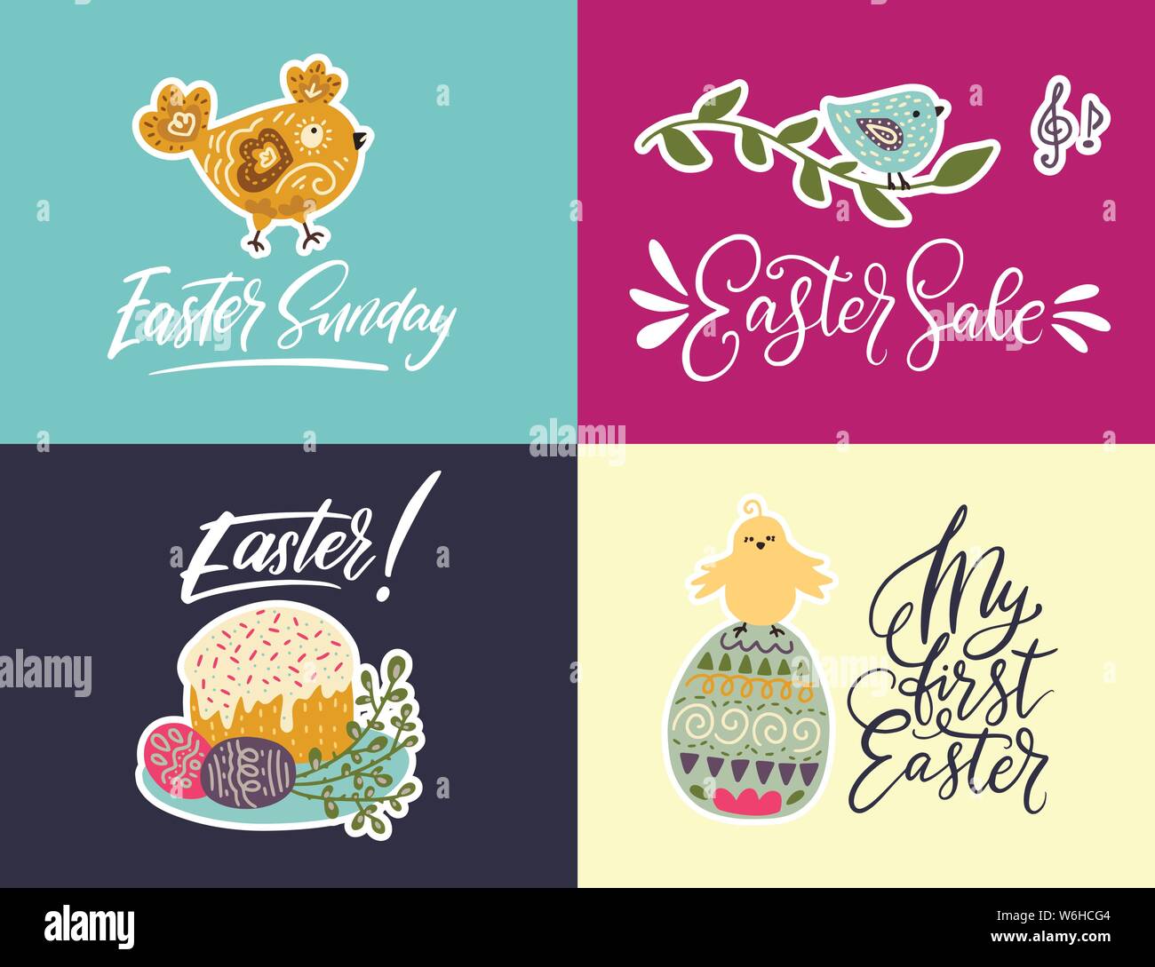 Handdrawn Easter cards with cute illustrations. Handwritten lettering ...
