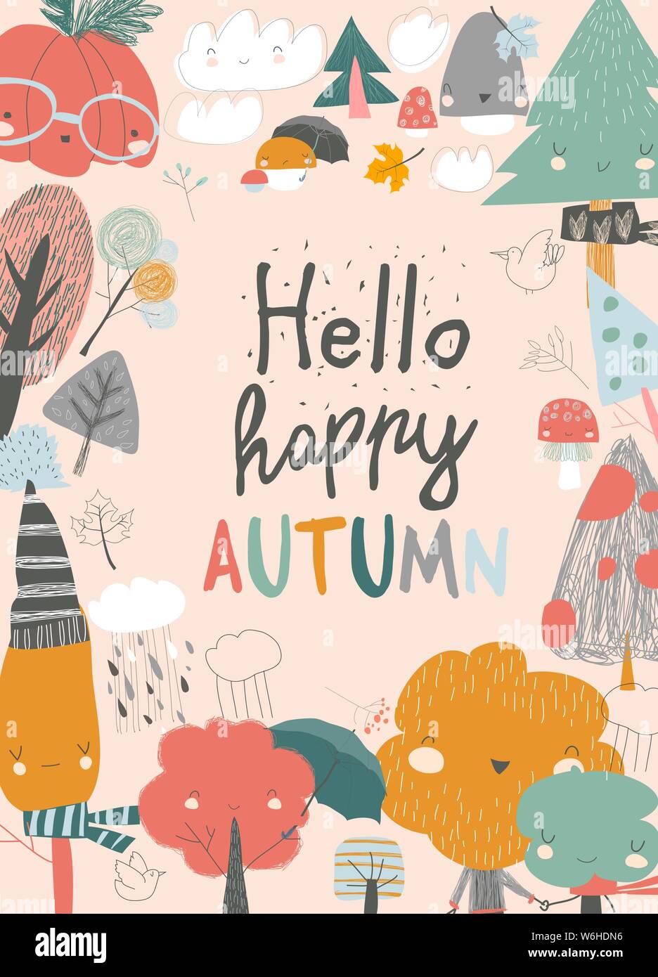 Cute frame composed of colorful autumn trees. Cartoon yellow orange ...
