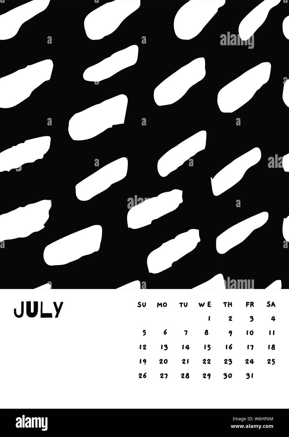2020 July English Calendar Abstract Vector Hand Draw brush stroke black ...