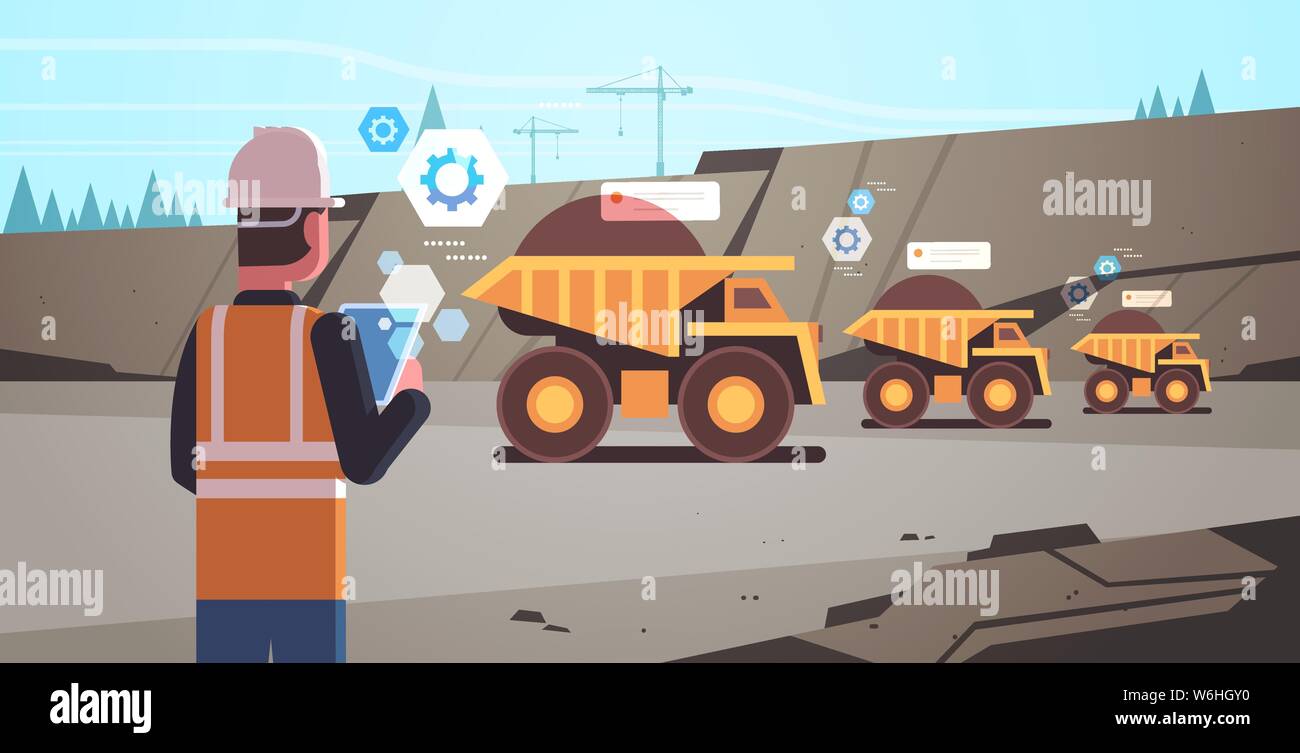 Open Pit Man Worker In Helmet Using Mobile App Controlling Dumper Trucks Professional Equipment