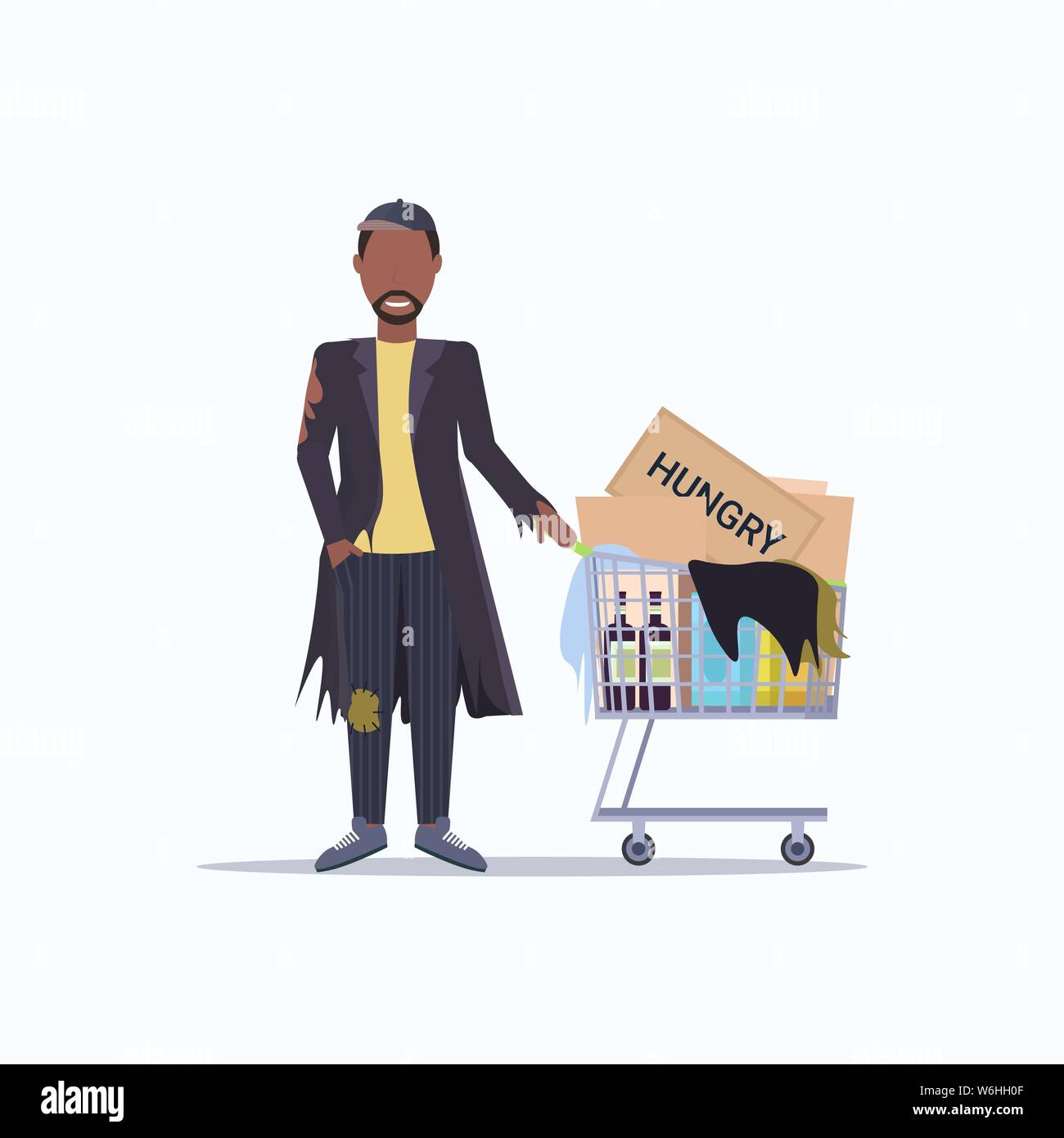 poor man pushing trolley cart with belongings african american guy ...
