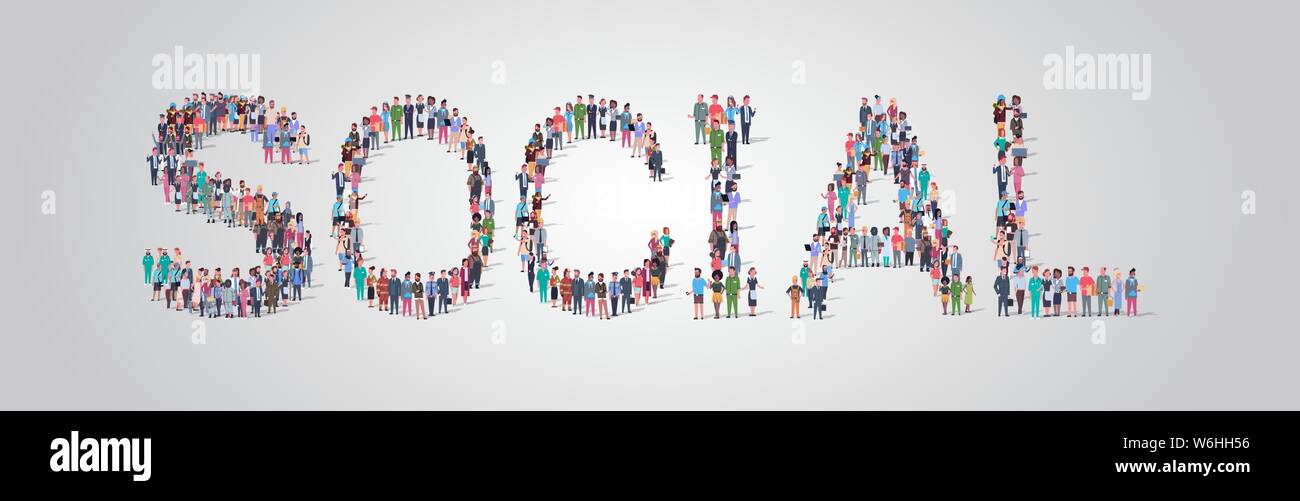 people crowd gathering in shape of social word different occupation ...