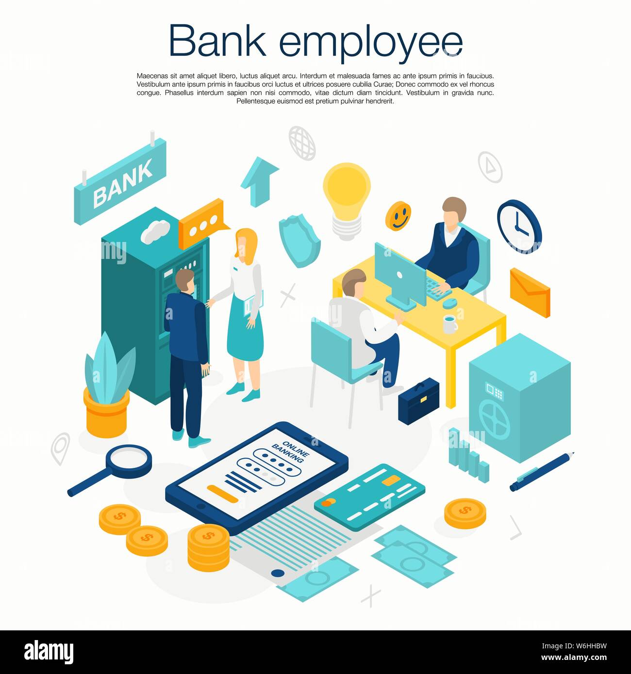 Bank employee service concept background, isometric style Stock Vector ...