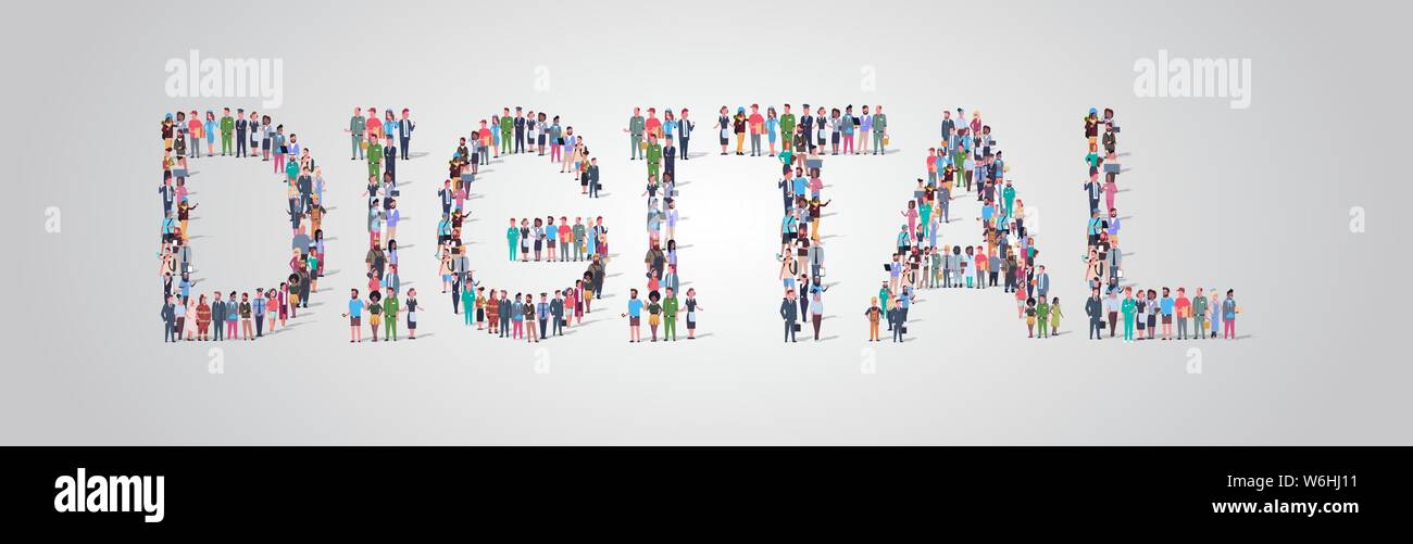 people crowd gathering in shape of digital word different occupation ...