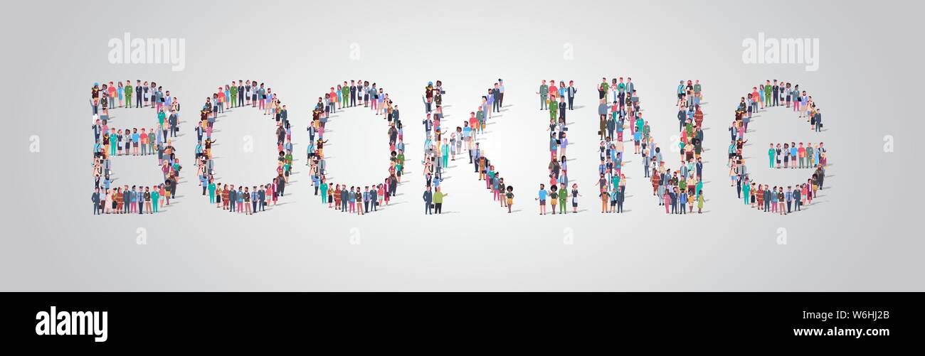 people crowd gathering in shape of booking word different occupation ...