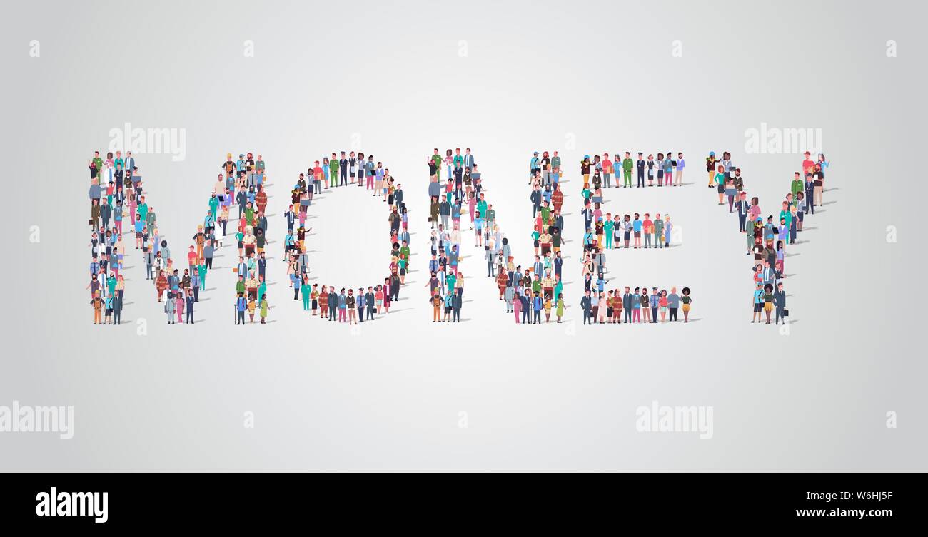 people crowd gathering in shape of money word different occupation ...