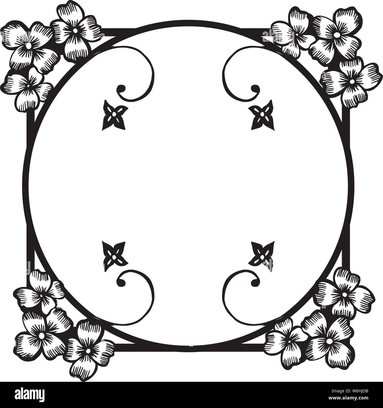 Motif decorative of flower frame, space for your text, black line art on white background ...
