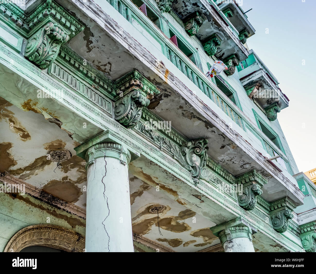 Weathered facade and cracked column on a building; Havana, Cuba Stock ...
