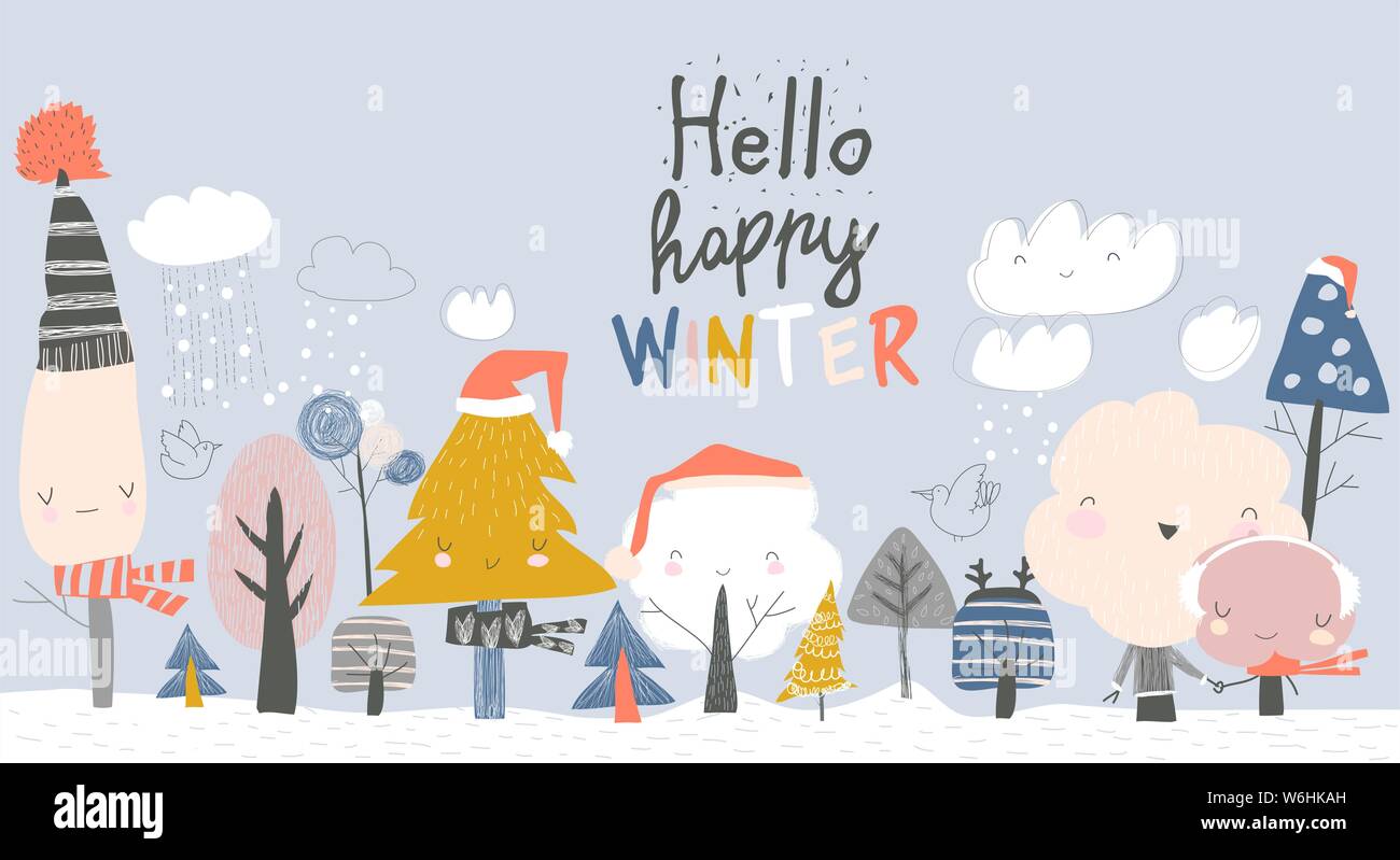 Cute winter trees. Cartoon winter trees on blue background Stock Vector ...