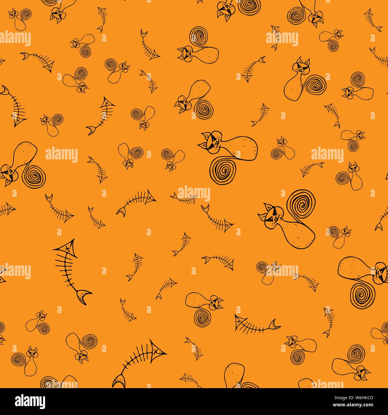 Seamless cat and fishbone Halloween outline, great design for any ...