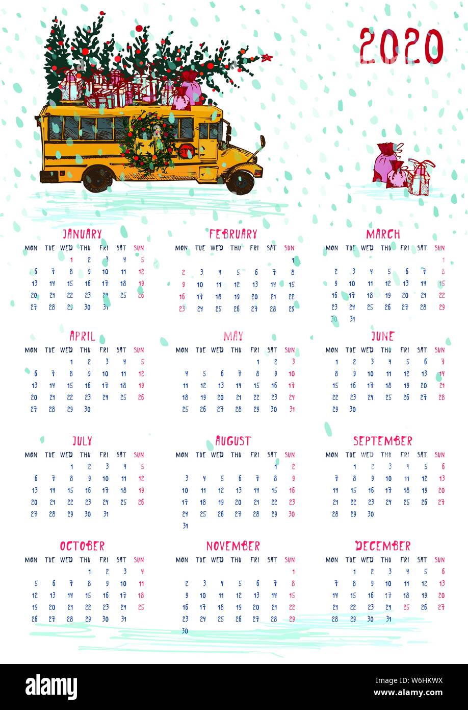 2020 Calendar planner with yellow school bus, new year tree and ...