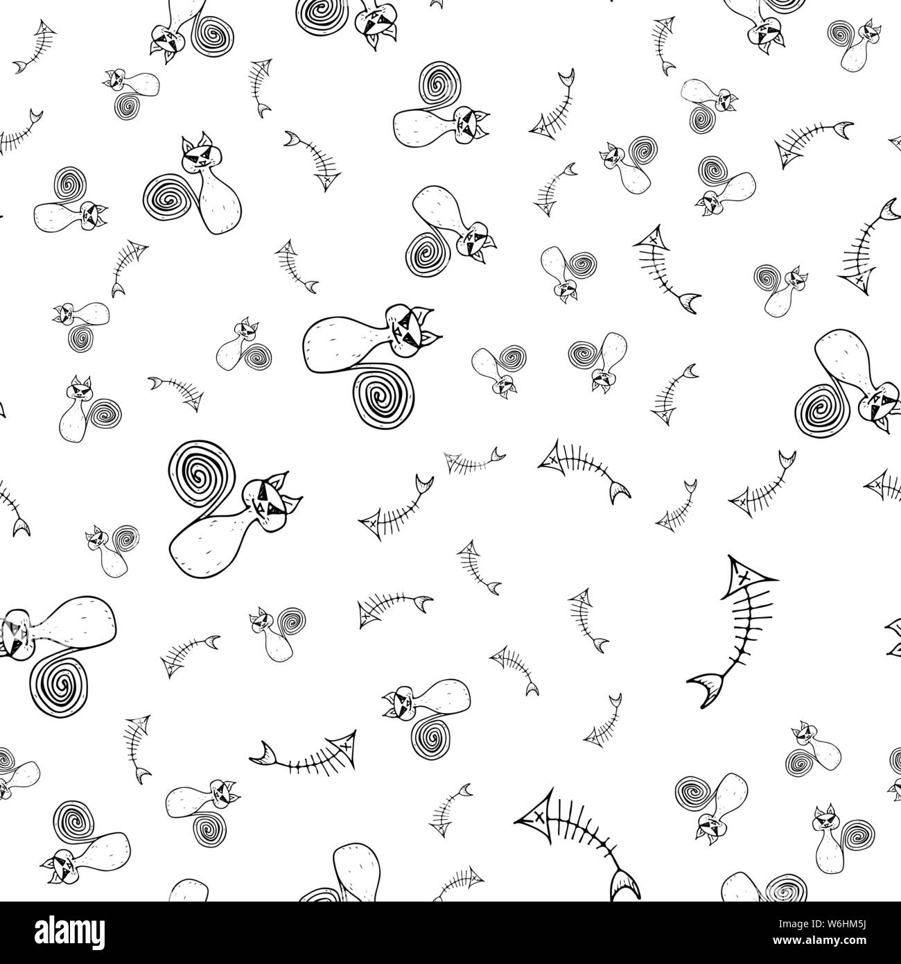 Seamless cat and fishbone Halloween outline, great design for any ...
