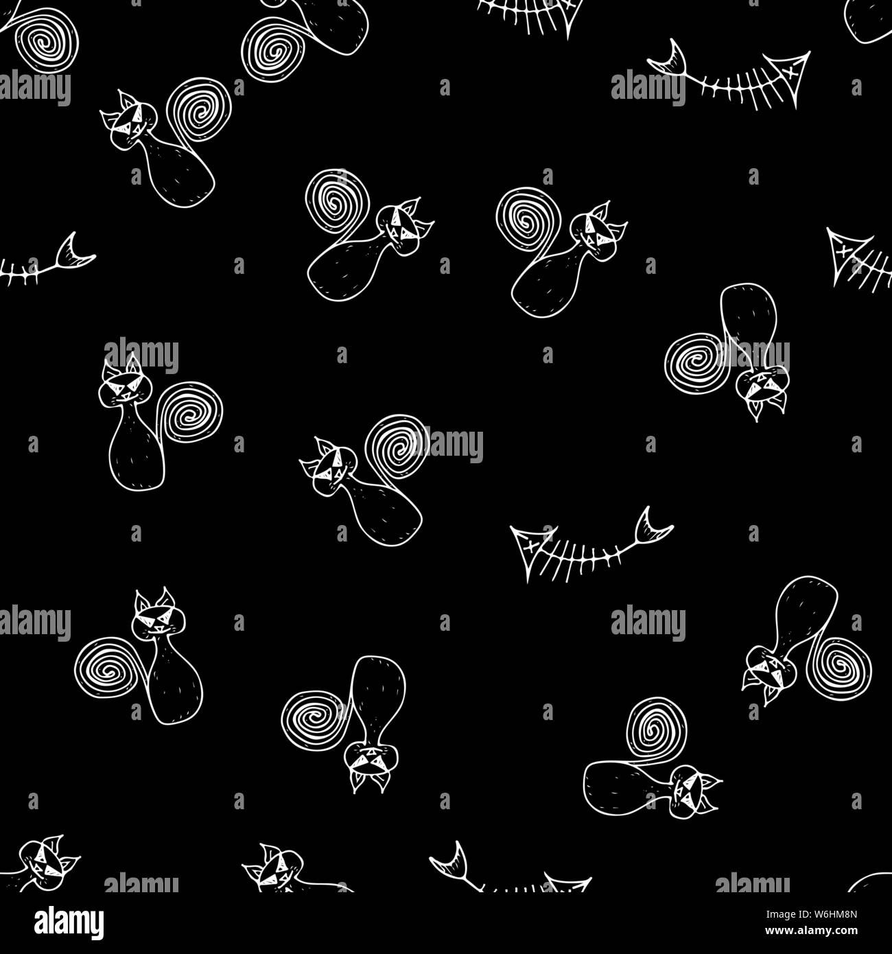 Seamless cat and fishbone Halloween outline, great design for any ...