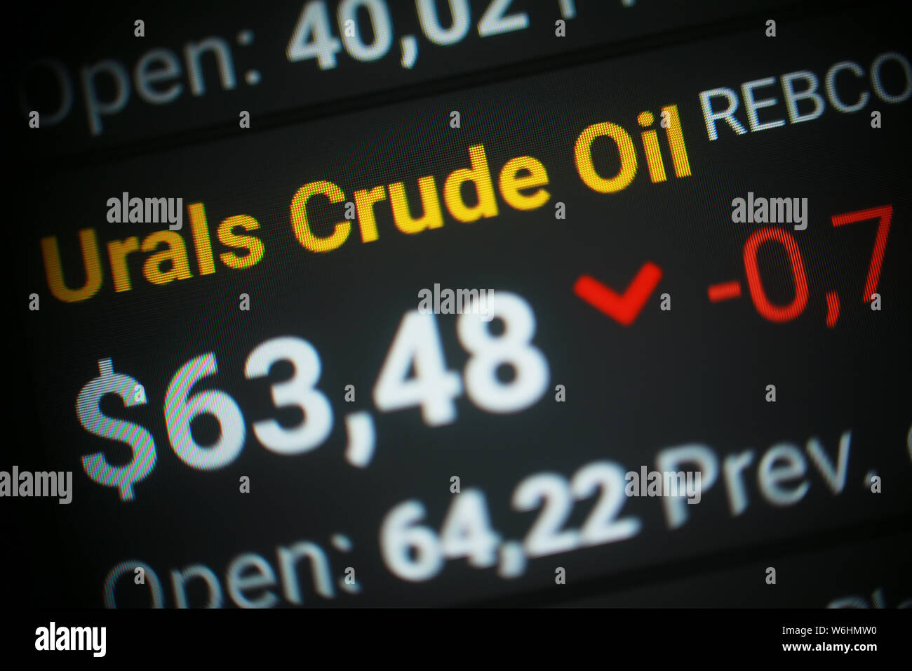 Urals Crude Oil (REBCO) stock exchange indicator on computer screen ...