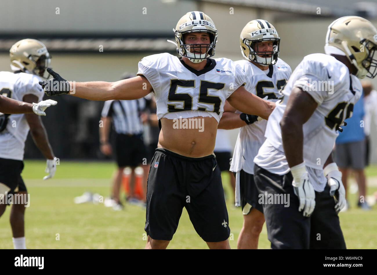 August 1, 2019: Saints rookie linebacker Kaden Elliss (55) looks for a ...