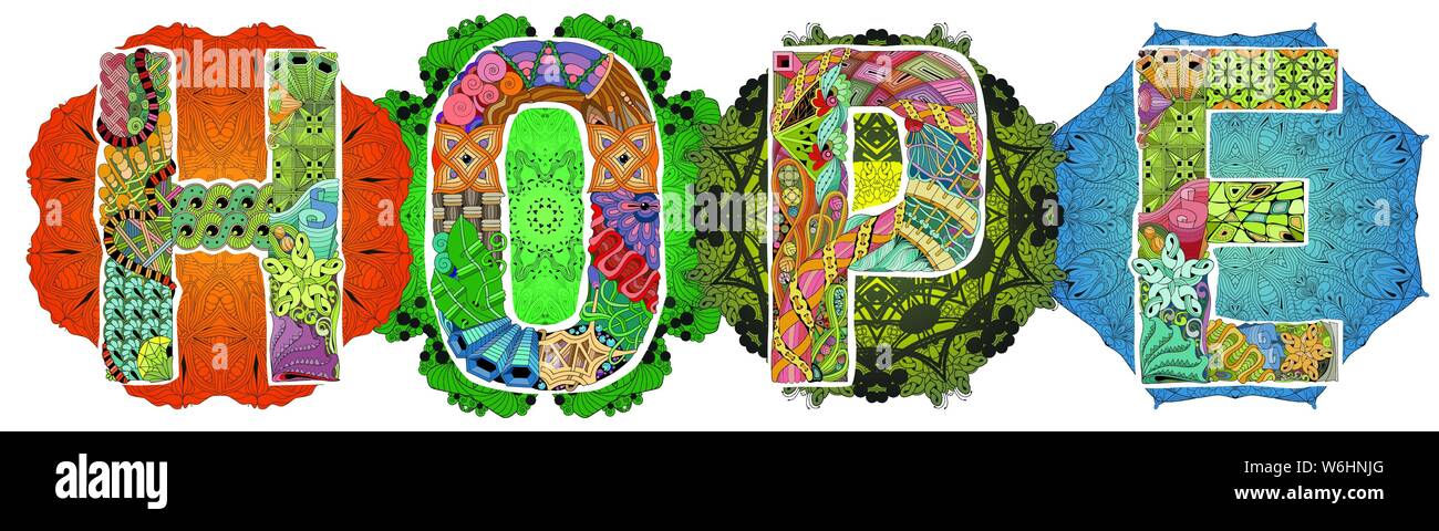 Hand-painted art design. Hand drawn illustration mandala with word HOPE ...