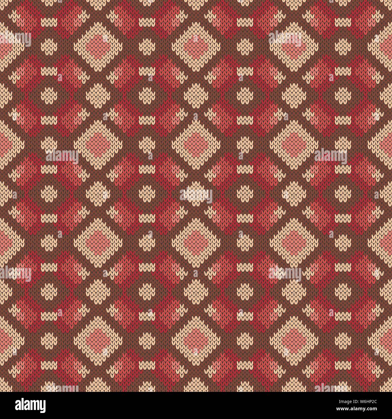 Seamless knitting vector pattern in red, brown, pink and beige colors ...