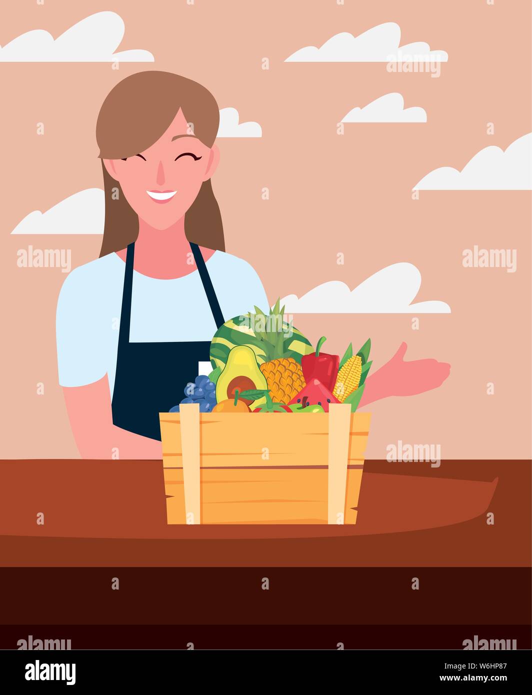 seller woman farm products harvest tomatoes vector illustration Stock ...