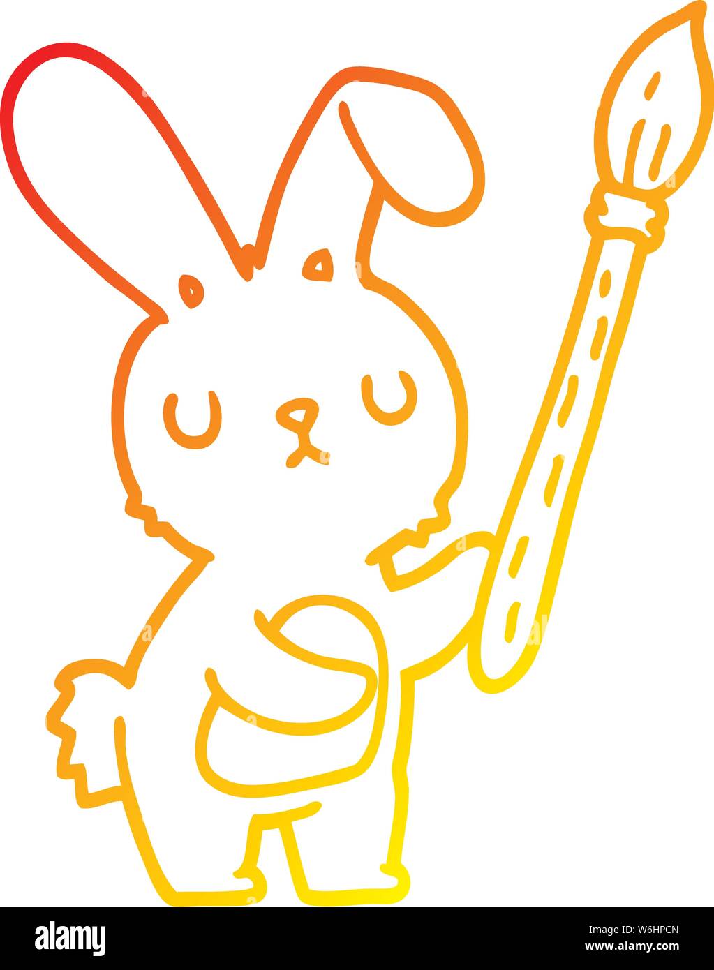 warm gradient line drawing of a cartoon rabbit with paint brush Stock ...